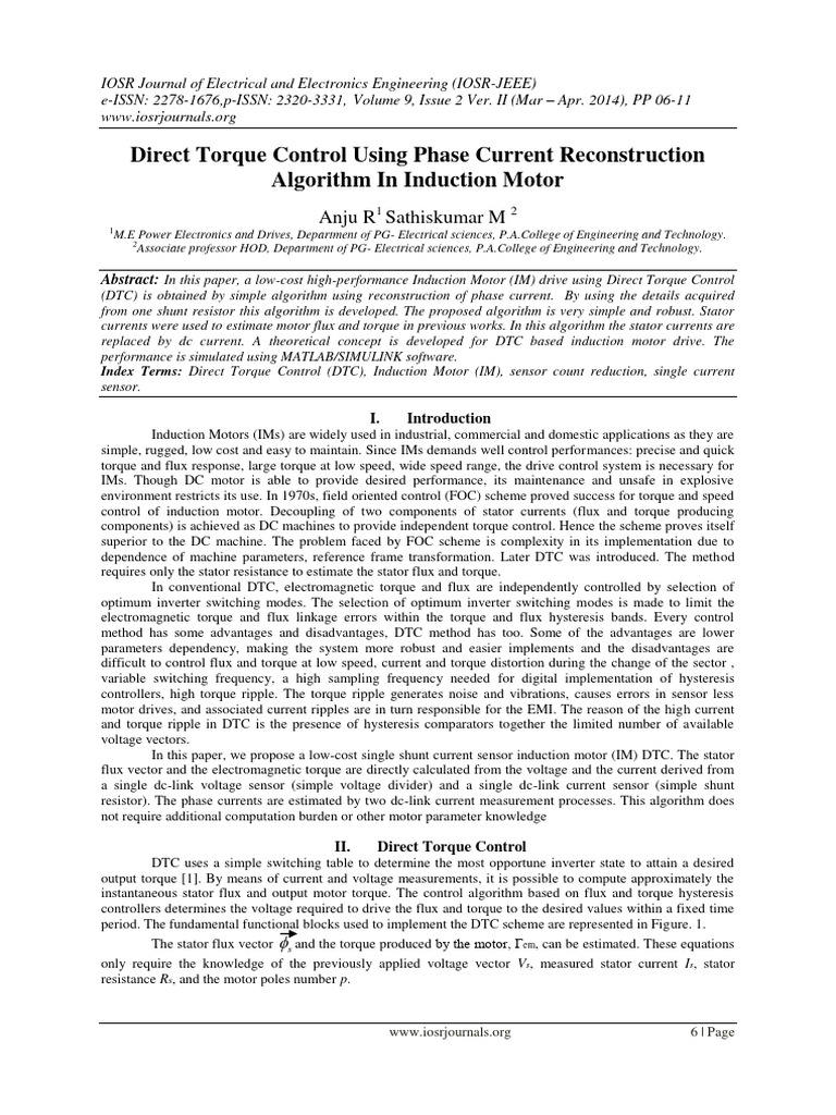Direct Torque Control Using Phase Current Reconstruction Algorithm in Induction Motor | PDF ...