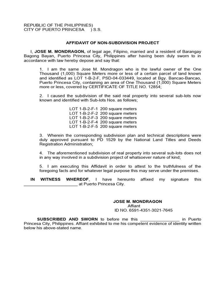 Affidavit of Non-Subdivision Project - Mondragon | PDF
