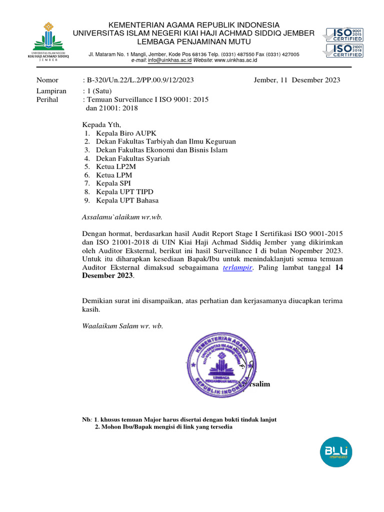 Surat Hasil Temuan Surveillance I 2023 | PDF