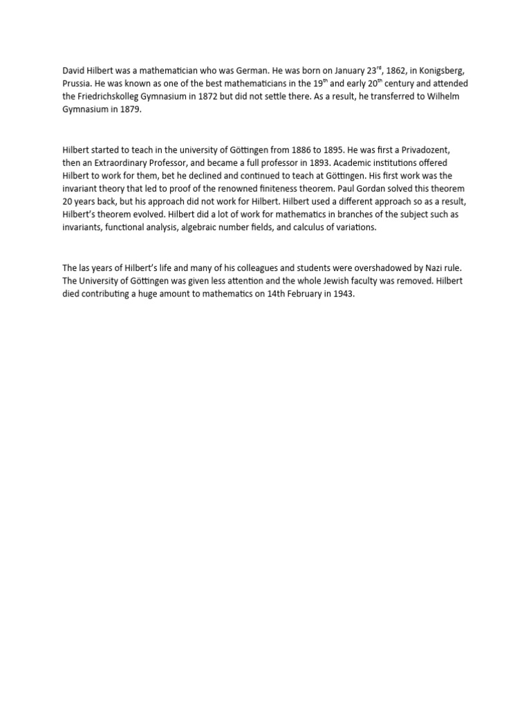 David Hilbert Was A Mathematician Who Was German | PDF | Art | History