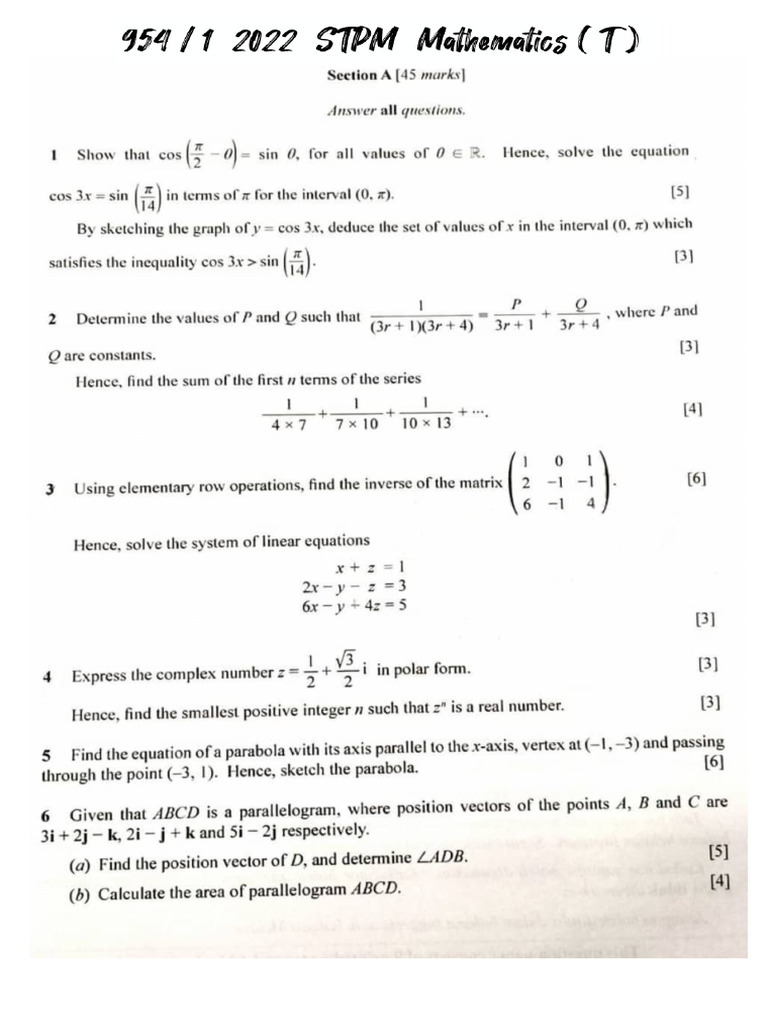 STPM 2022 MathsT P1 Questions | PDF