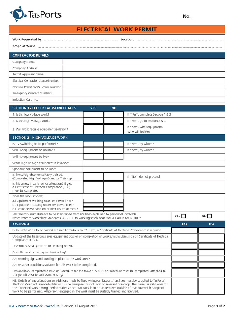 Electrical Work Permit | PDF | High Voltage | Electrical Engineering