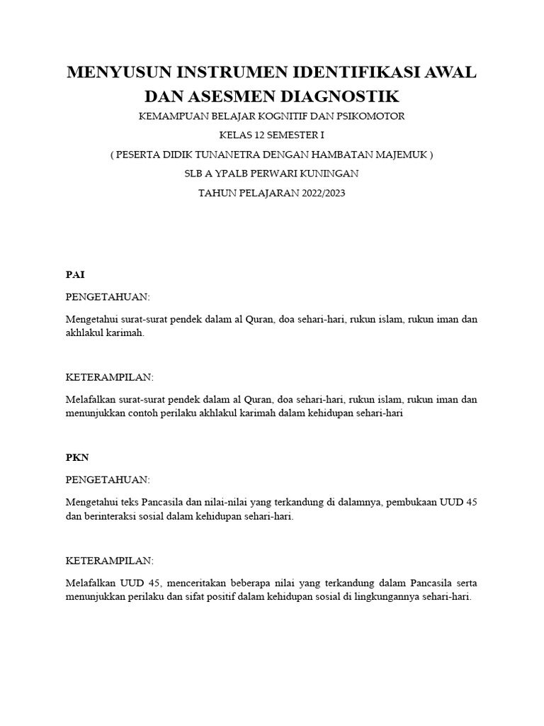 Menyusun Instrumen Identifikasi Awal Dan Asesmen Diagnostik | PDF