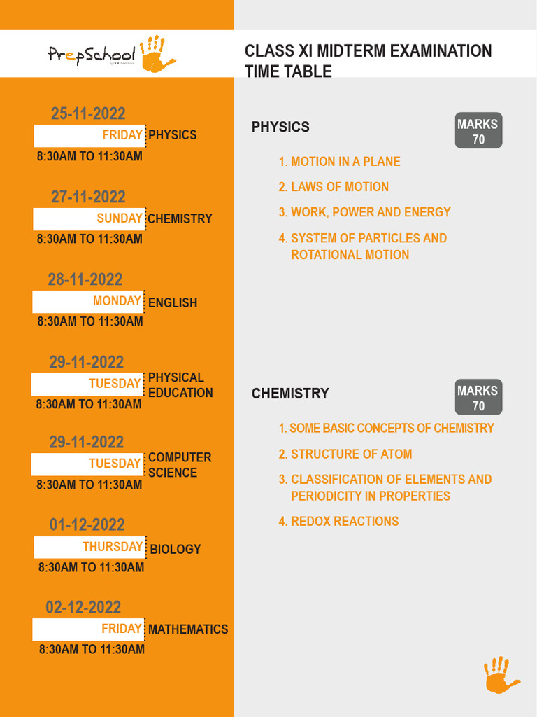 Class XI - Midterm - Time Table - 2022-23 - I | PDF | Chemistry | Physics