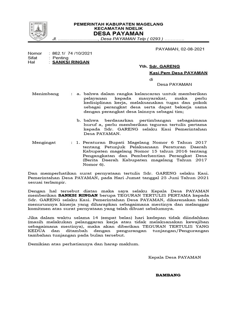 Surat Sanksi Contoh | PDF