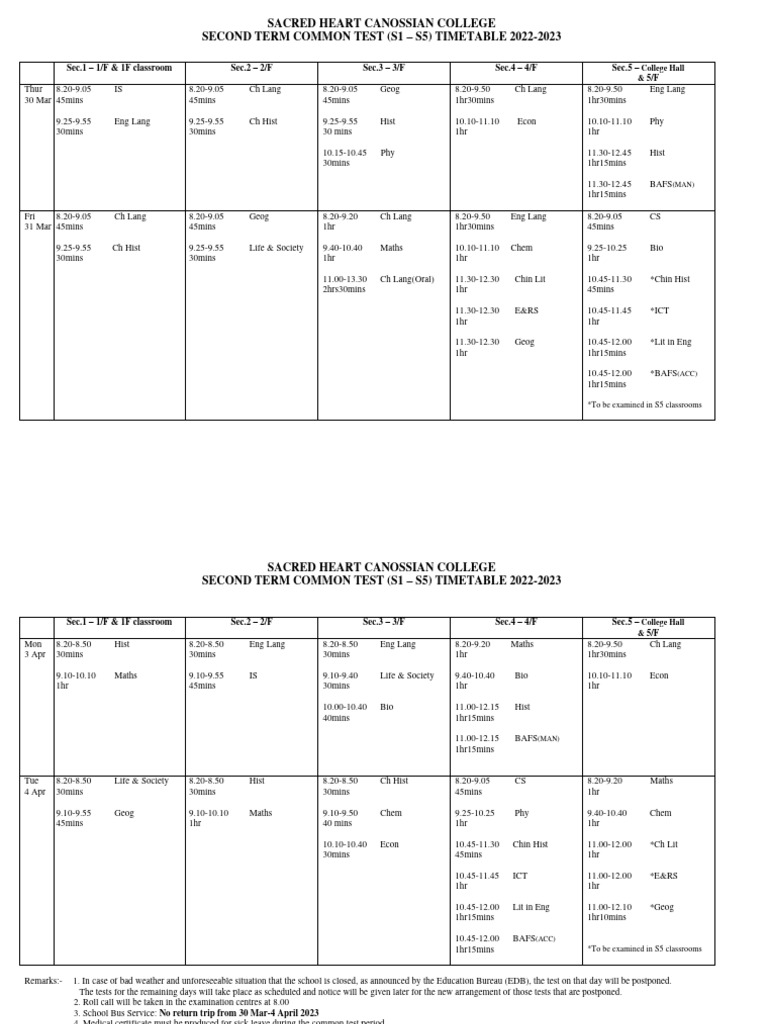 S1-S5 Second Term Common Test Timetable 2022 | PDF
