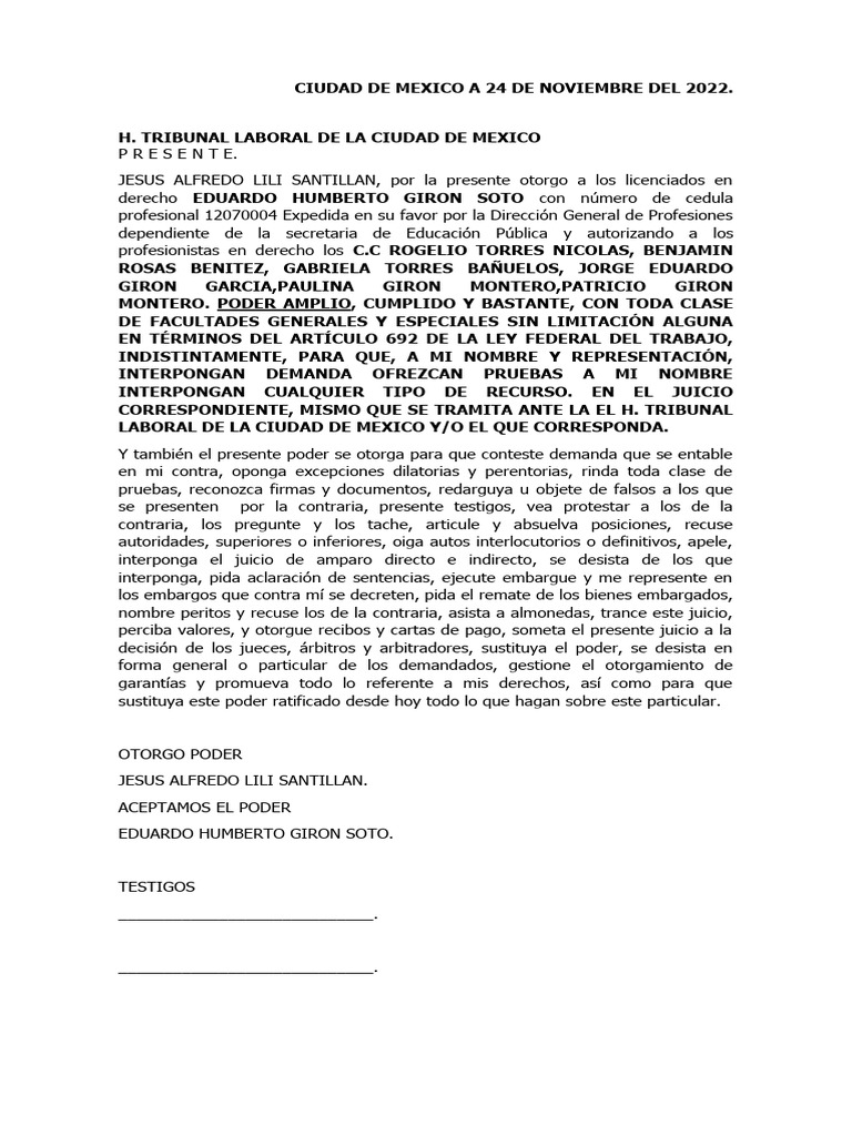Carta Poder Laboral Alfredo Lili | PDF | Derecho