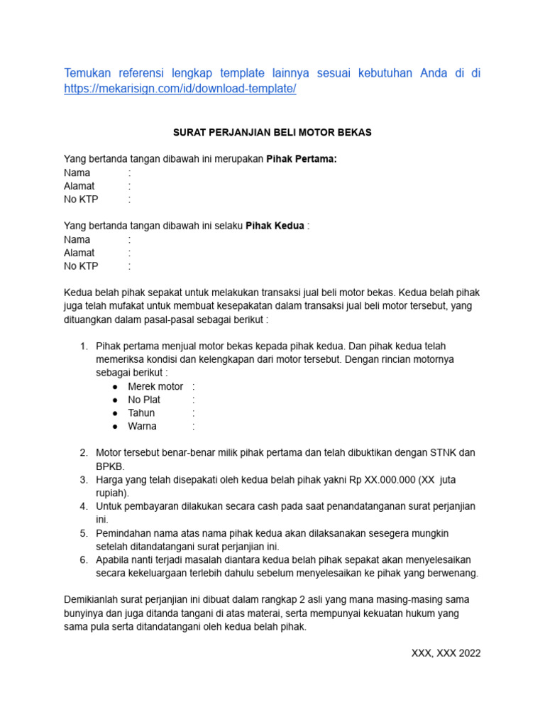 Template Surat Jual Beli Motor Bekas Mekari Sign | PDF