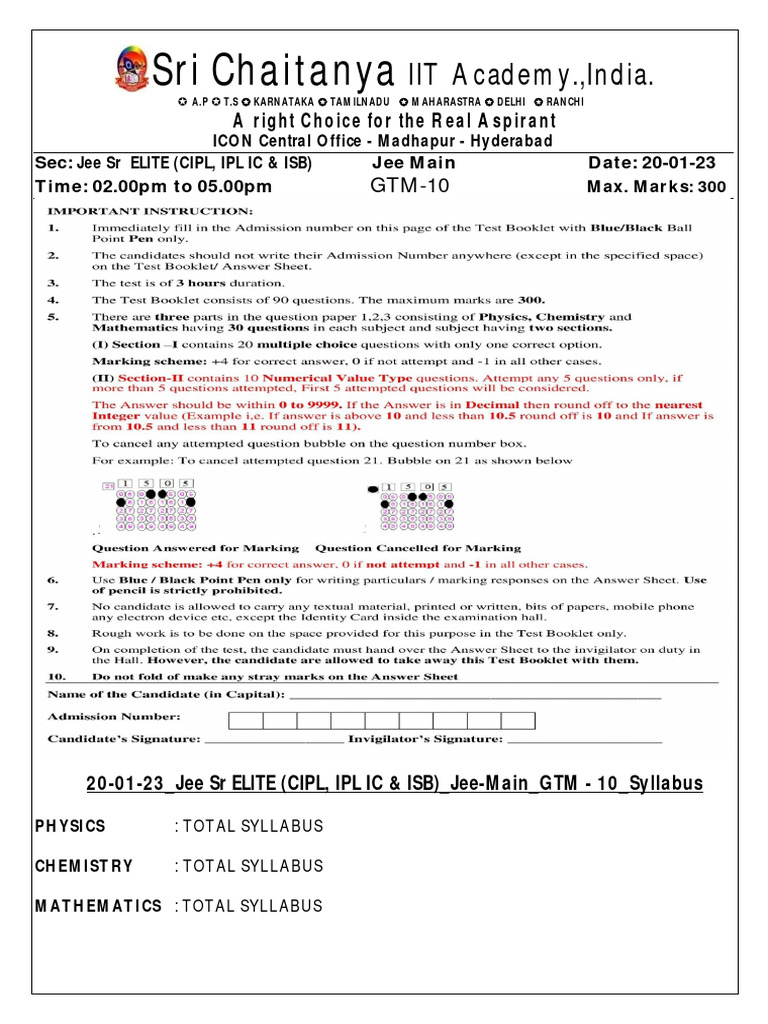 20-01-2023 - Jee SR ELITE (CIPL, IPL IC & ISB) - Jee-Main - GTM-10 - Q ...