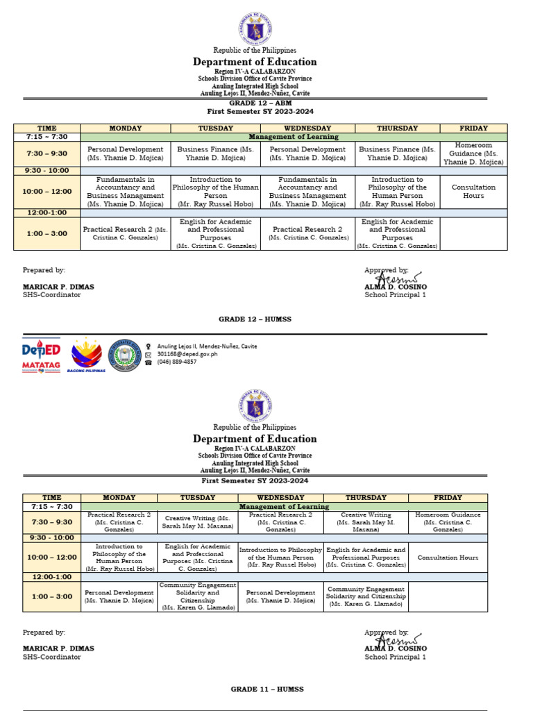 Class Schedule First Sem | PDF | Cognition | Learning