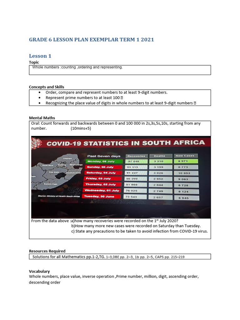Grade 6 Lesson Plan Exemplar Term 1 March2021 | PDF | Numbers | Integer