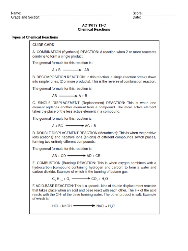 Types and Balancing of Chemical Reactions | PDF | Science & Mathematics