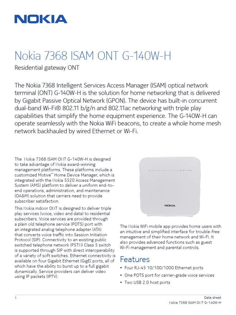 Nokia 7368 ISAM ONT G-140W-H Data Sheet EN | Download Free PDF | Wi Fi ...