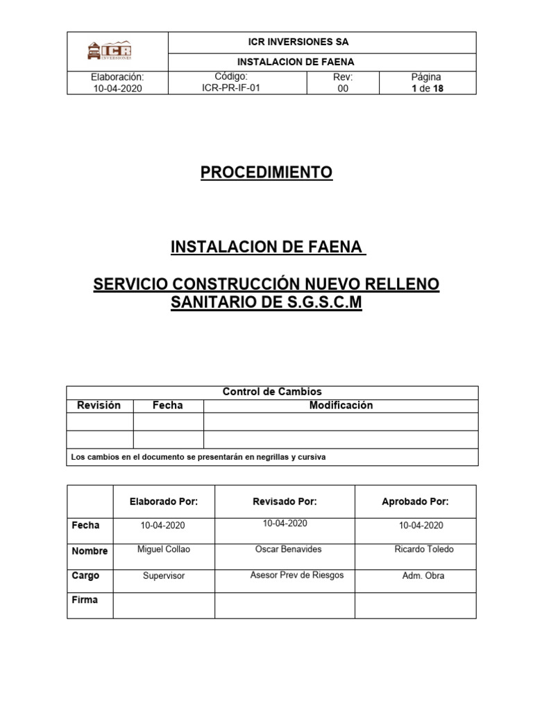 1.-ICR-PR-IF-01 Instalacion de Faena Rev 0 | PDF | Gestión de recursos humanos