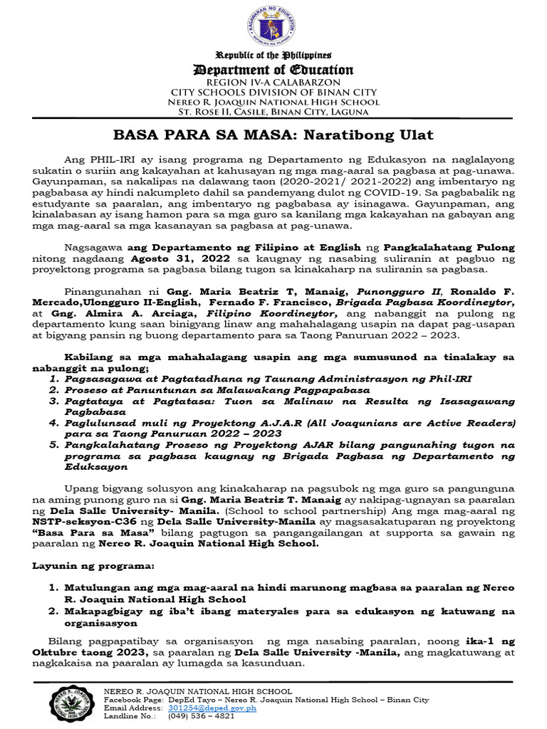 BASA PARA SA MASA Narrative | PDF