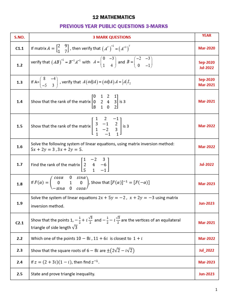 Previous Year 3-Mark Math Questions | PDF | Matrix (Mathematics ...