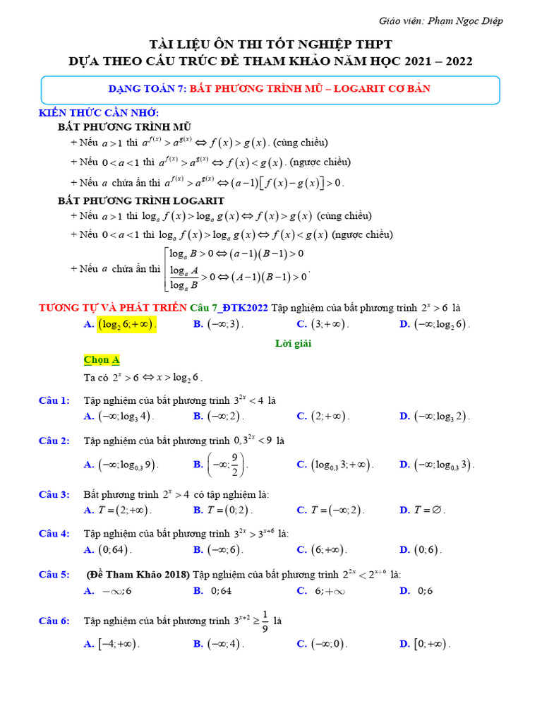 Cd07 (Câu 7) Bất Pt Mũ Logarit Dơn Gian De | PDF