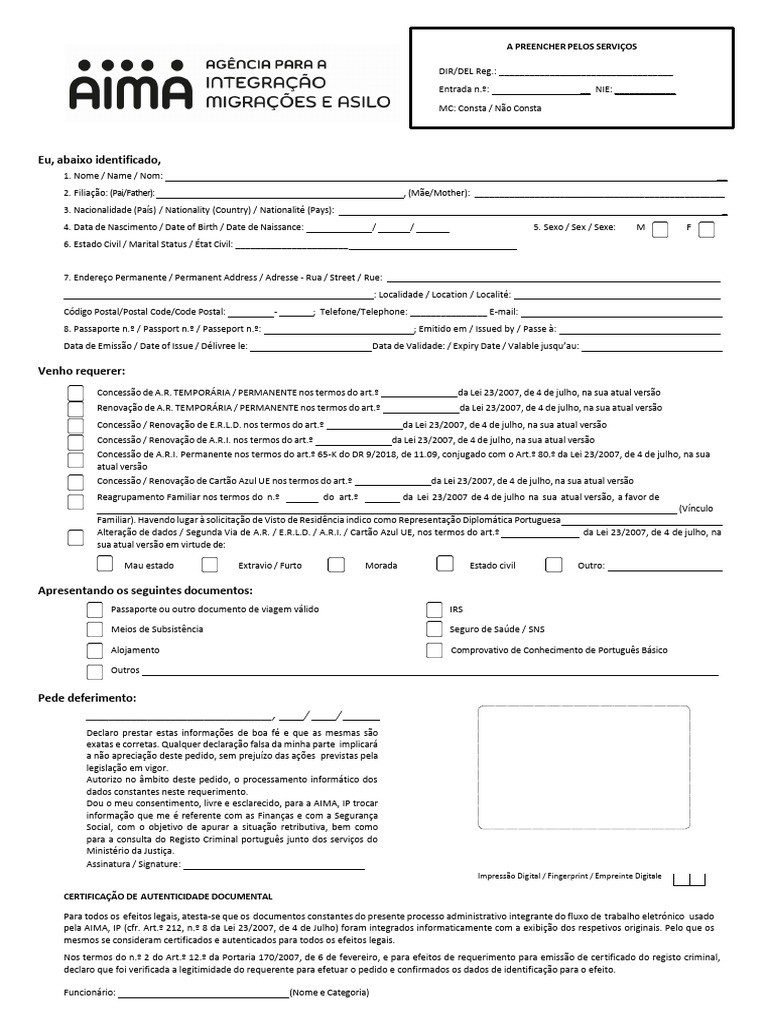 Reagrupamento Familiar Aima Formulário | PDF | Portugal | União Europeia Reagrupamento Familiar Aima Formulário | PDF | Portugal | União Europeia