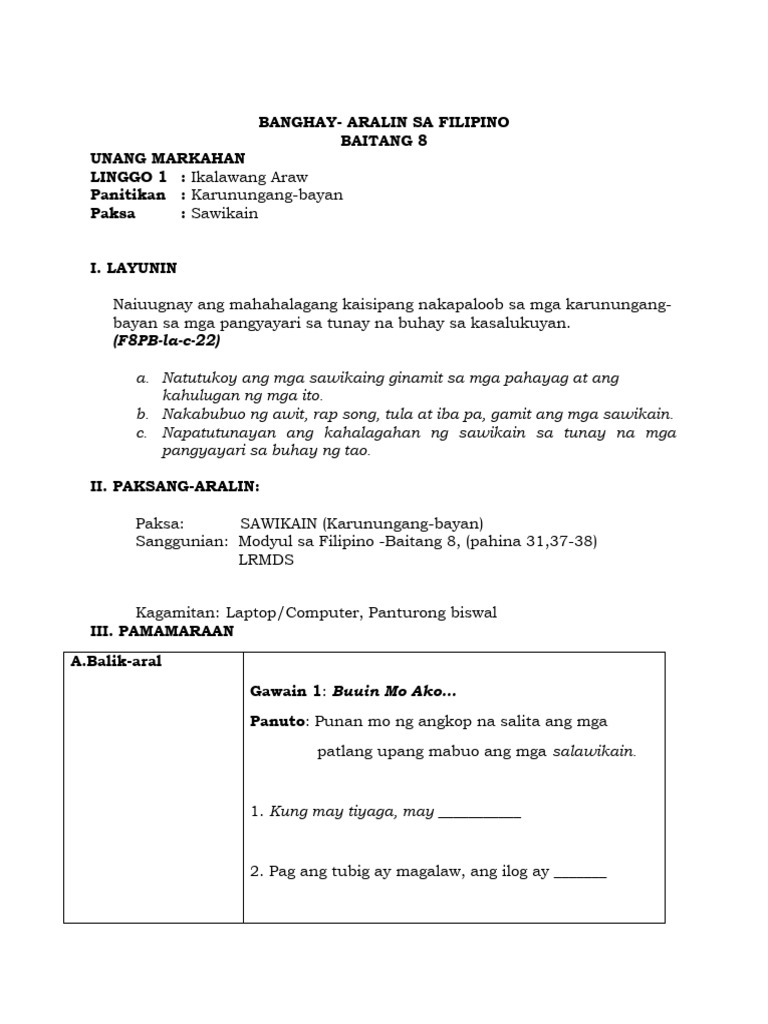 Filipino 8_Q1_W1_D2 | PDF