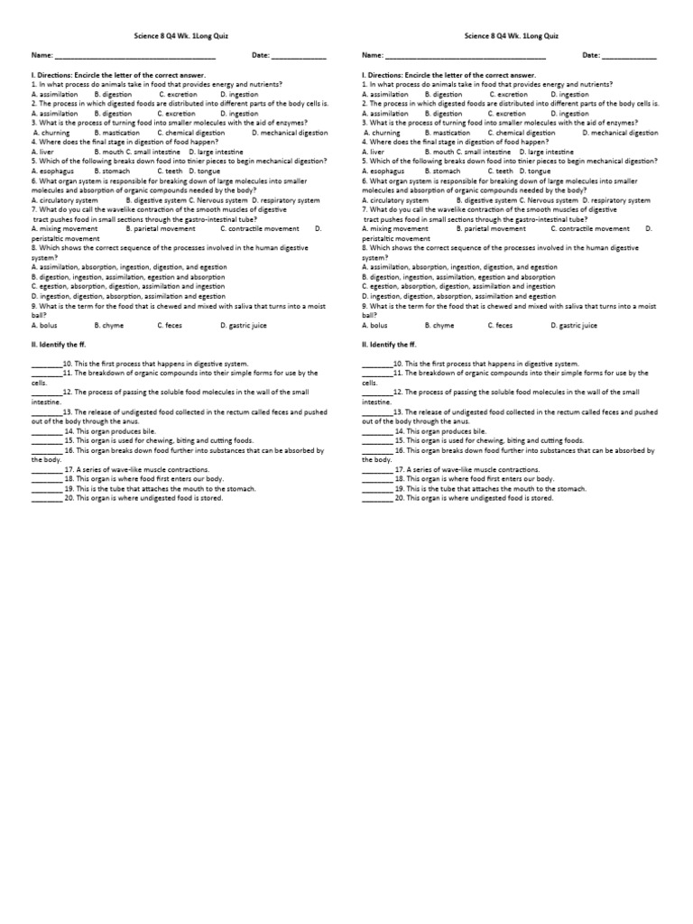 Science 8 Quarter 4 Week 1 Long Quiz | PDF | Digestion ...