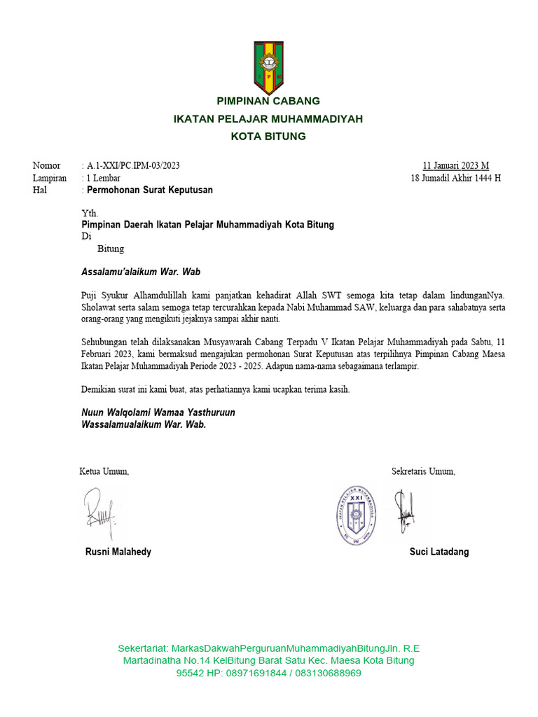 Permohonan SK Pimpinan IPM Bitung 2023 | PDF