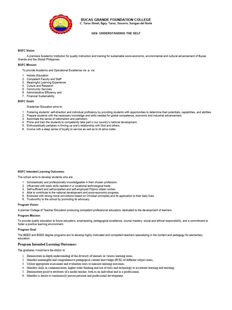 Bsed English 1 Understanding by The Self | PDF | Learning | Pedagogy