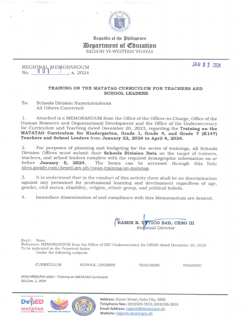 RM No. 001 s. 2024 - Training on the MATATAG Curriculum for Teachers ...