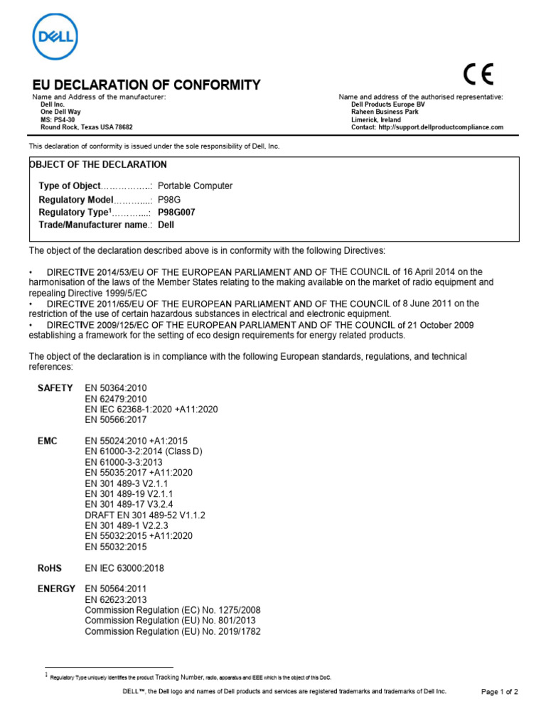 Dell Latitude 5410 p98g p98g007 European Union - Declaration of ...