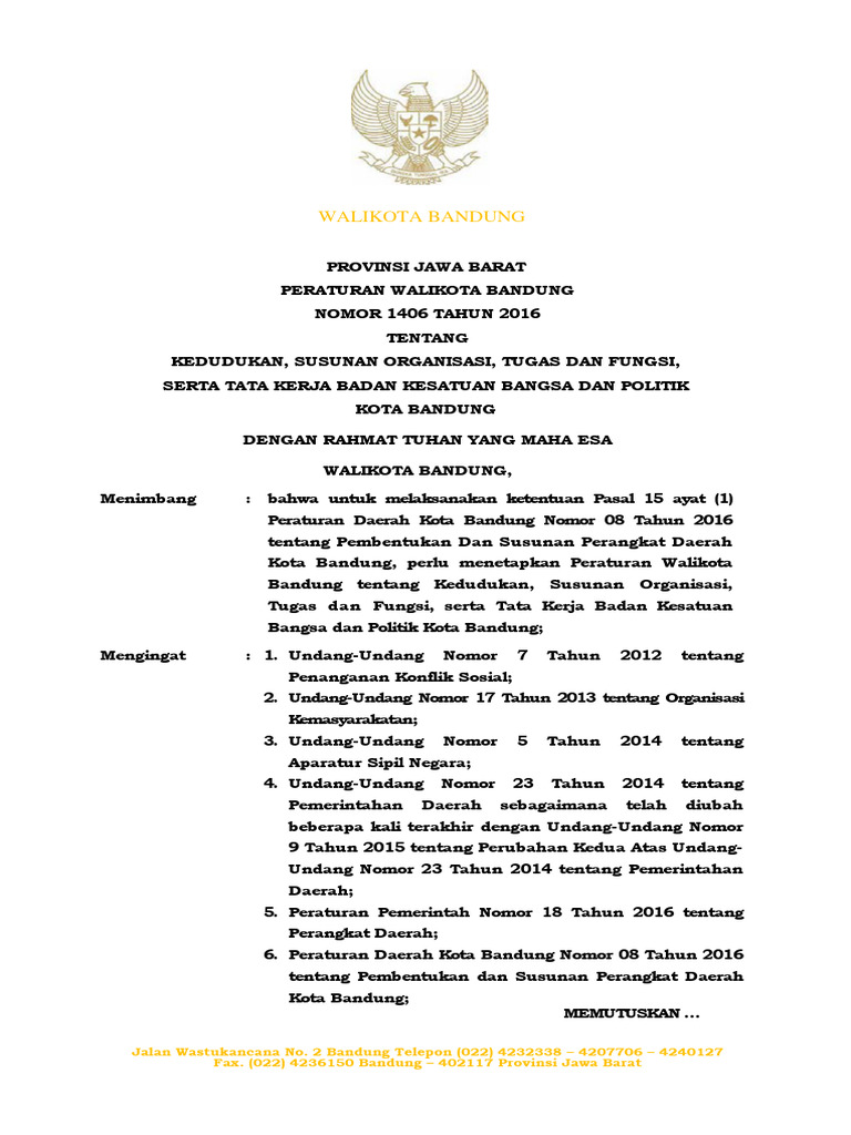 Perwal 1406 TAHUN 2016 BADAN KESBANG - Devi - TTD WLK 20 Des 2016 | PDF