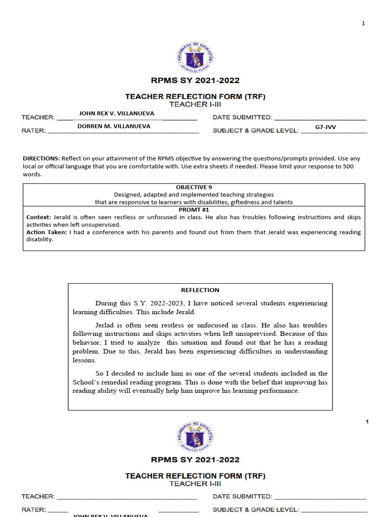 RPMS Sy 2021 2022 Teacher Reflection Form TRF | PDF | Intellectual ...