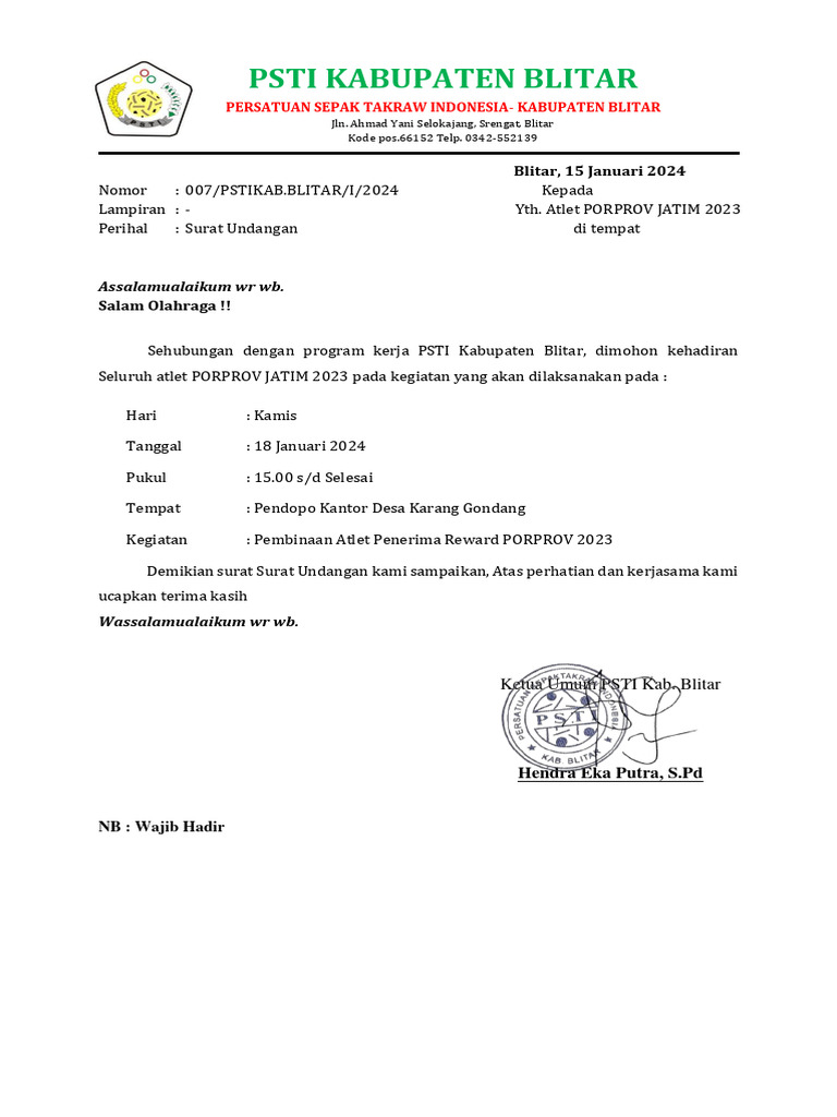Surat Pembinaan Atlet | PDF