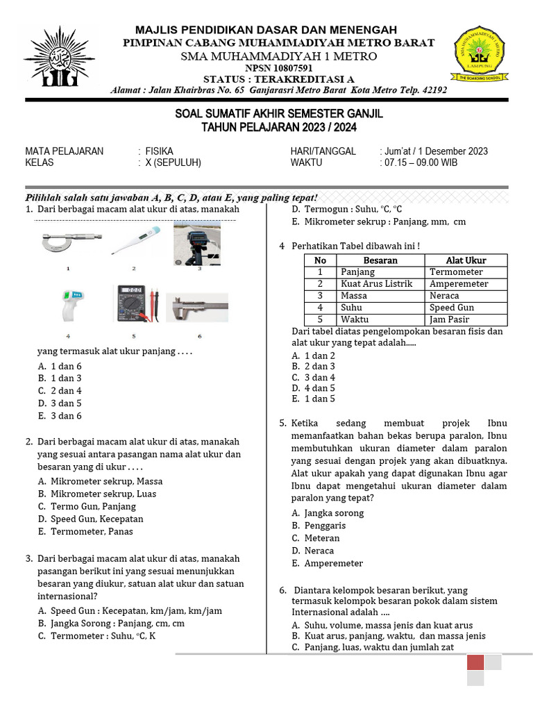 Soal Pas Fisika Kelas X Kumer 2023-2024 | PDF | Metode & Bahan Ajar | Sains & Matematika
