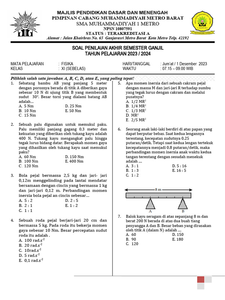 Soal Fisika Kelas Xi Pas 2023-2024 | PDF