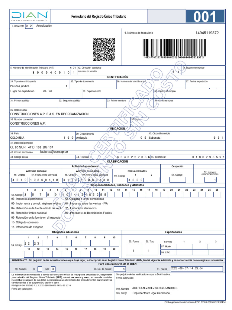 Rut Construcciones Ap Sas en Reorganizacion | PDF