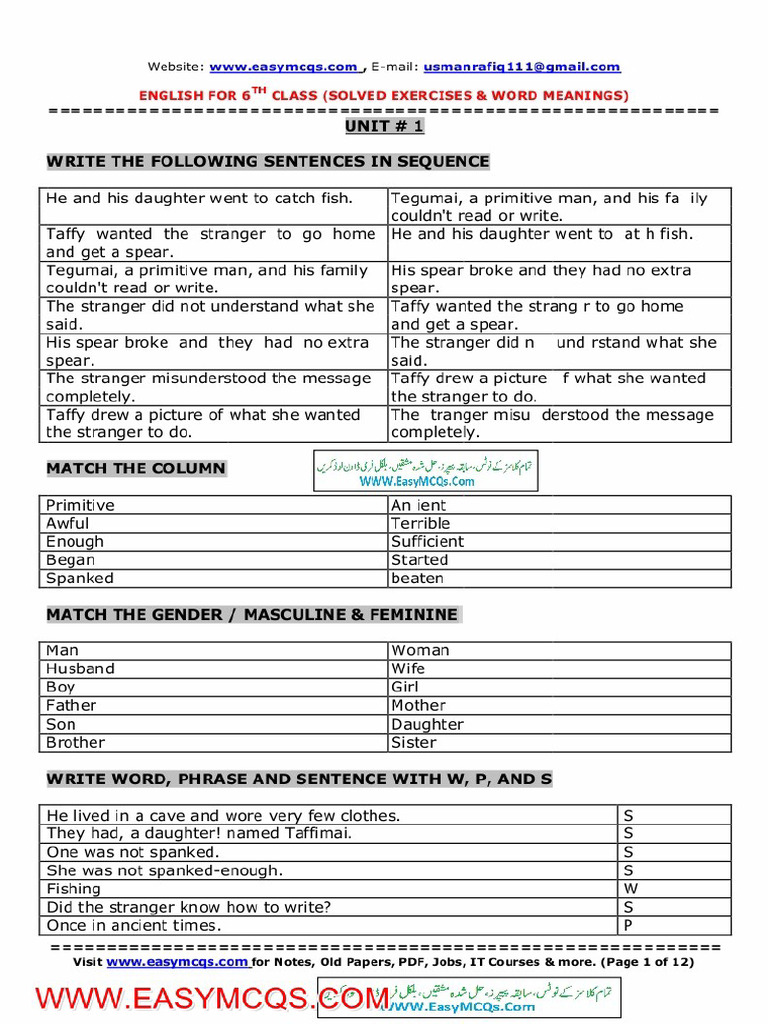 6th Class English Solved Excercises Notes | PDF