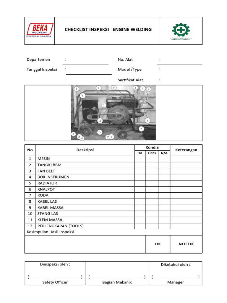 Form Check List Inspeksi Engine Welding | PDF
