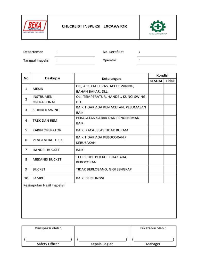 Form Check List Inspeksi Excavator | PDF | Teknologi & Rekayasa