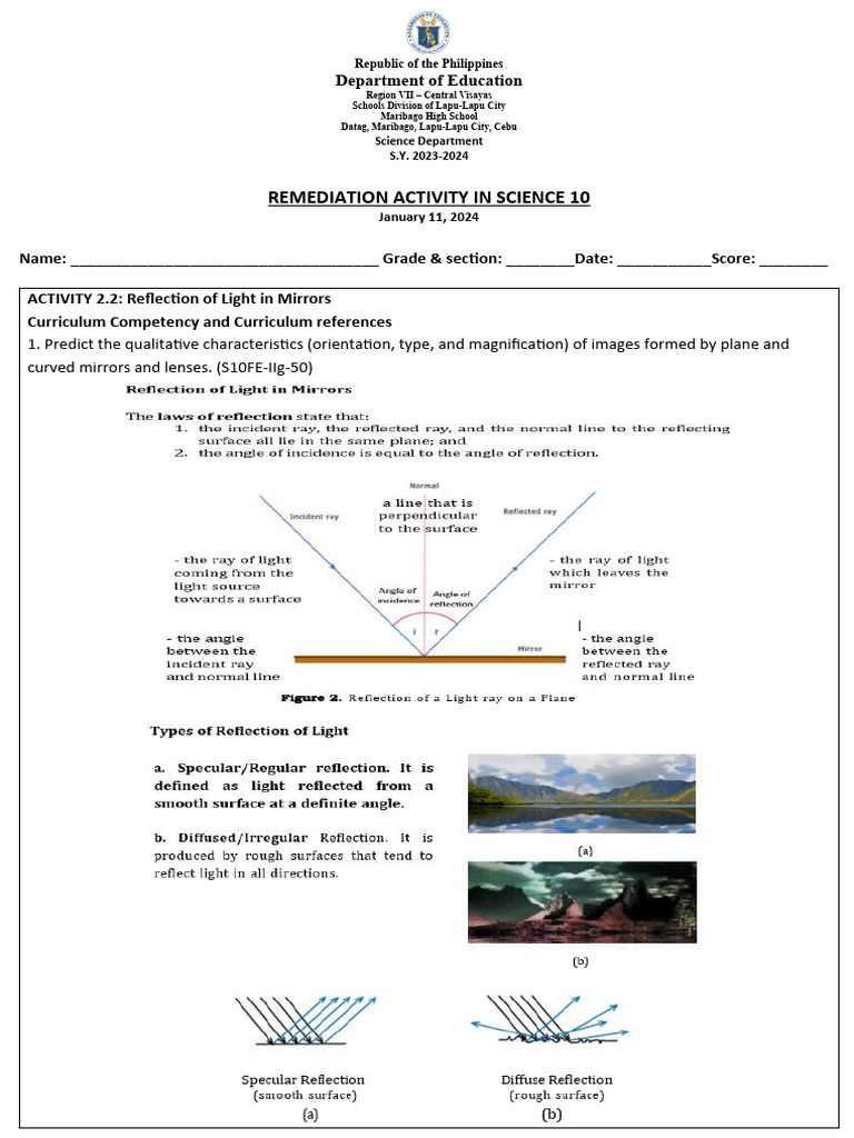 SCIENCE 10 Activity 2.2 | PDF | Reflection (Physics) | Mirror