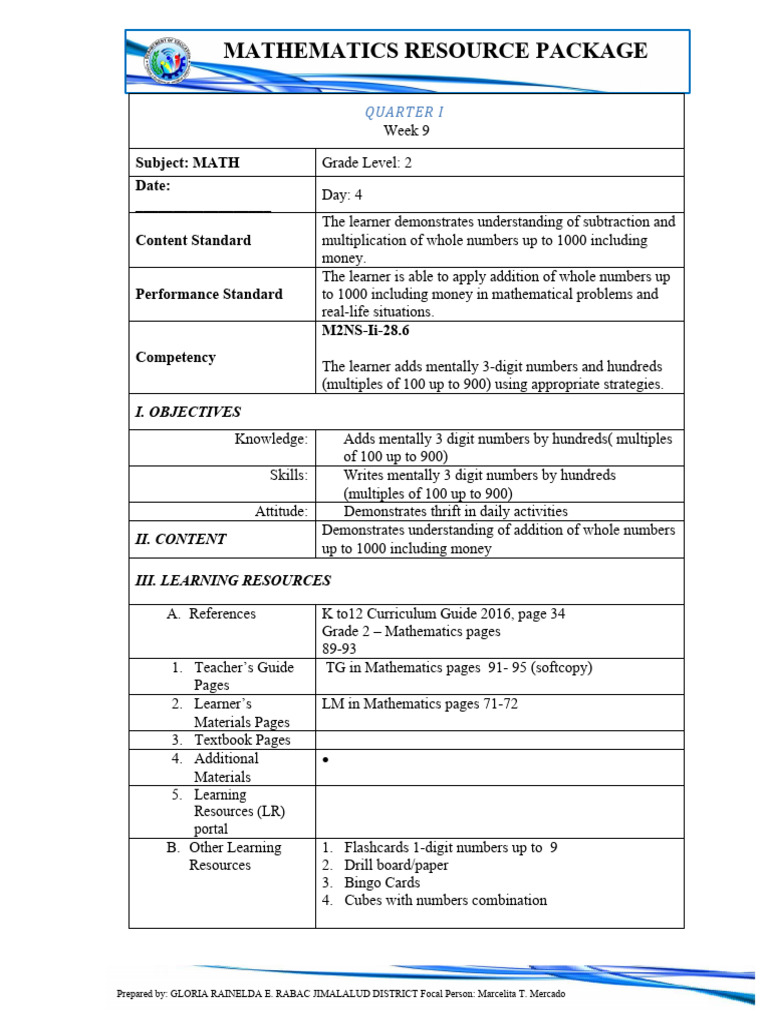 Math2 Q1 Week9 Day4 | PDF | Learning | Curriculum