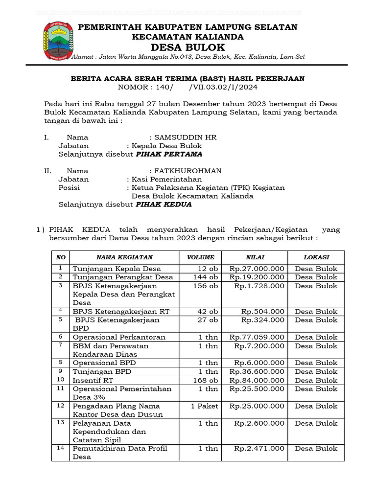 Berita Acara Serah Terima Kegiatan Desa | PDF
