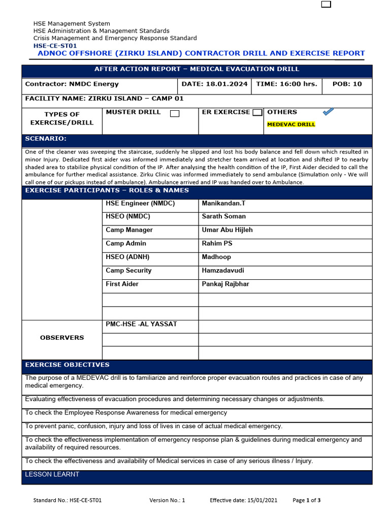 Medevac Drill Report - Zirku Island | PDF | First Aid | Ambulance
