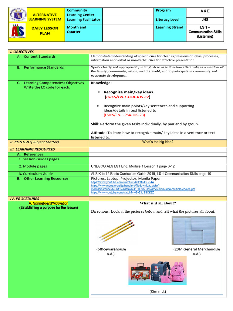 LS1 Eng. DLP-JHS (Main or Key Idea) 1 | PDF | Learning | Tropical Cyclones