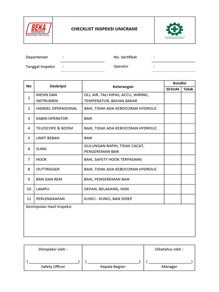 FORM CHECK LIST INSPEKSI UNICRANE | PDF