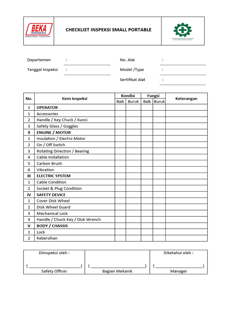 Form Check List Inspeksi Small Portable Electric Tools | PDF