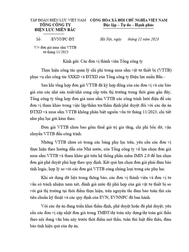 11.2023 VB NPC Thong Bao Don Gia Mua Sam VTTB | PDF