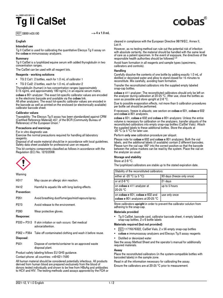 Tg II CalSet Calibration Kit Overview | PDF | Medical Specialties