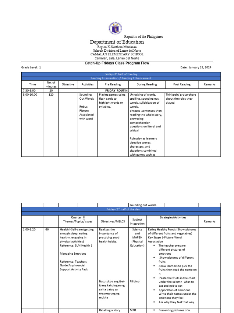 Grade 1 Catch-Up Friday Plan | PDF | Learning | Cognition