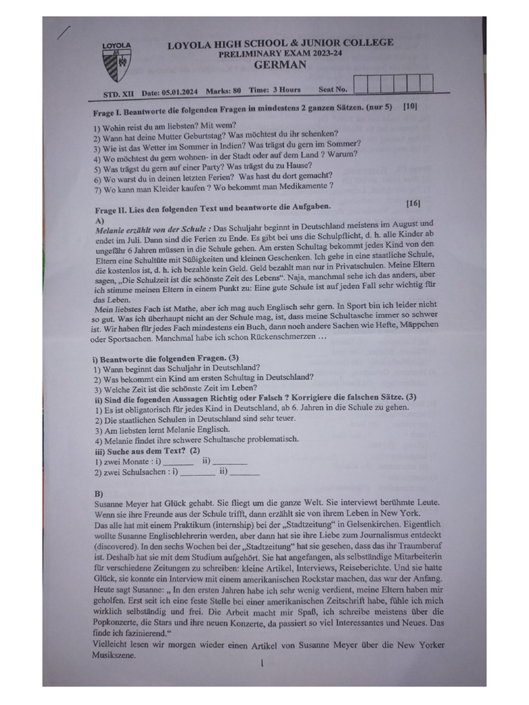 Loyola - Prelim2023-24 - STD 12 | PDF