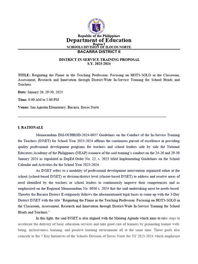 INSET Training Proposal for Teachers 2024 | PDF | Teachers ...
