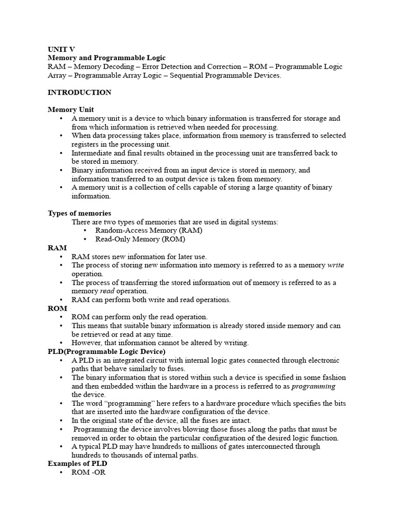 Unit V Notes 1 Pdf Random Access Memory Computer Data Storage